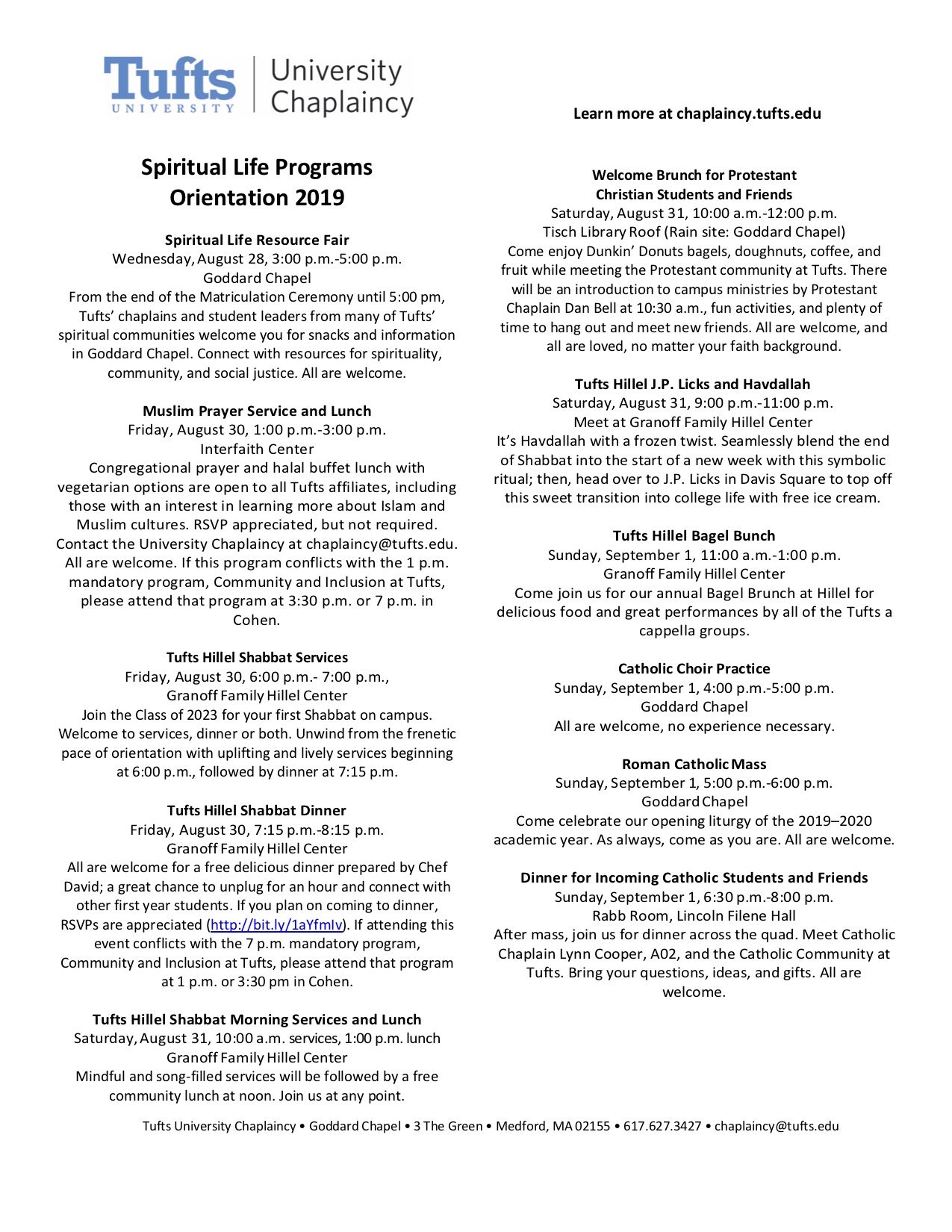 Spiritual Life Programs during Orientation - Tufts University Chaplaincy